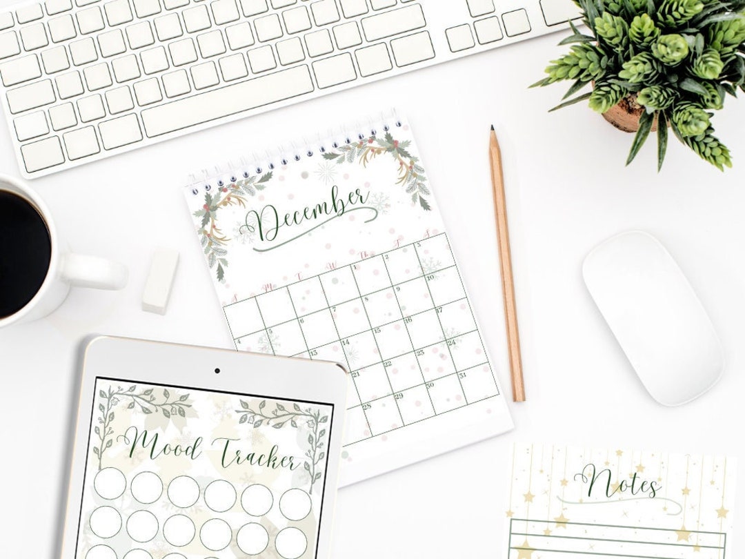 December Calendar and Organization-peaceful Greens and Golds With Habit ...