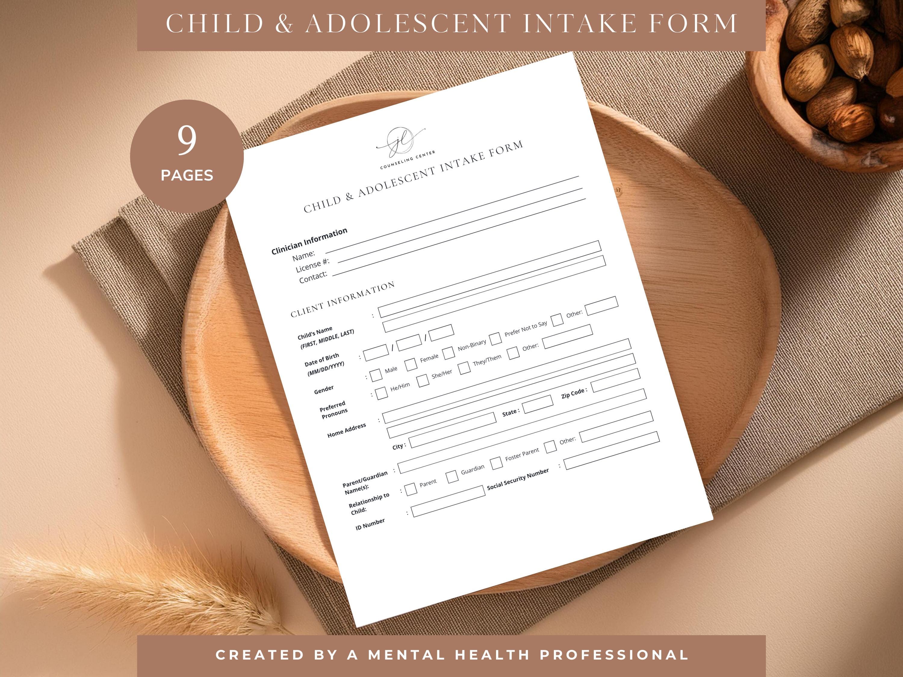 Child & Adolescent Intake Form, Therapist Template, Child Therapy Form ...