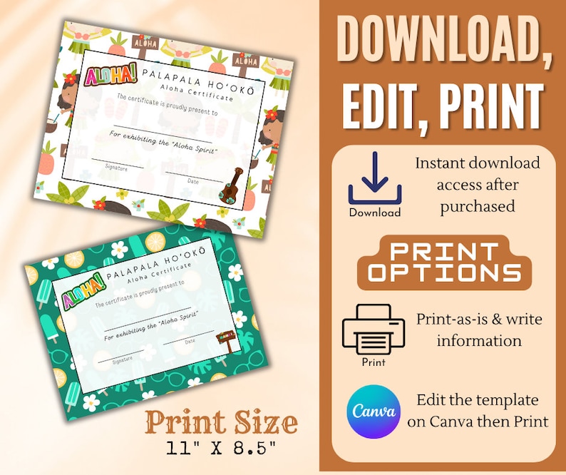 Aloha Certificate Award Editable and Printable, Hawaiian Words Award ...