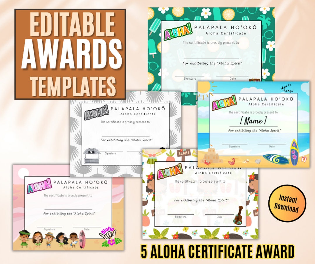 Aloha Certificate Award Editable and Printable, Hawaiian Words Award ...