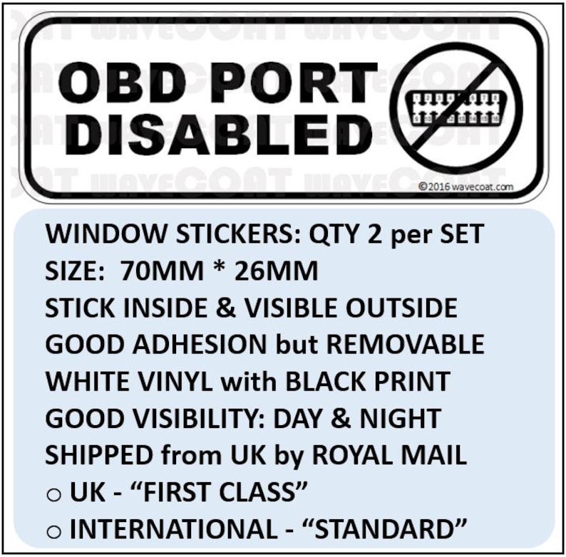 4 X OBD PORT DISABLED Window Stickers for Car, Van, Truck, Caravan or ...