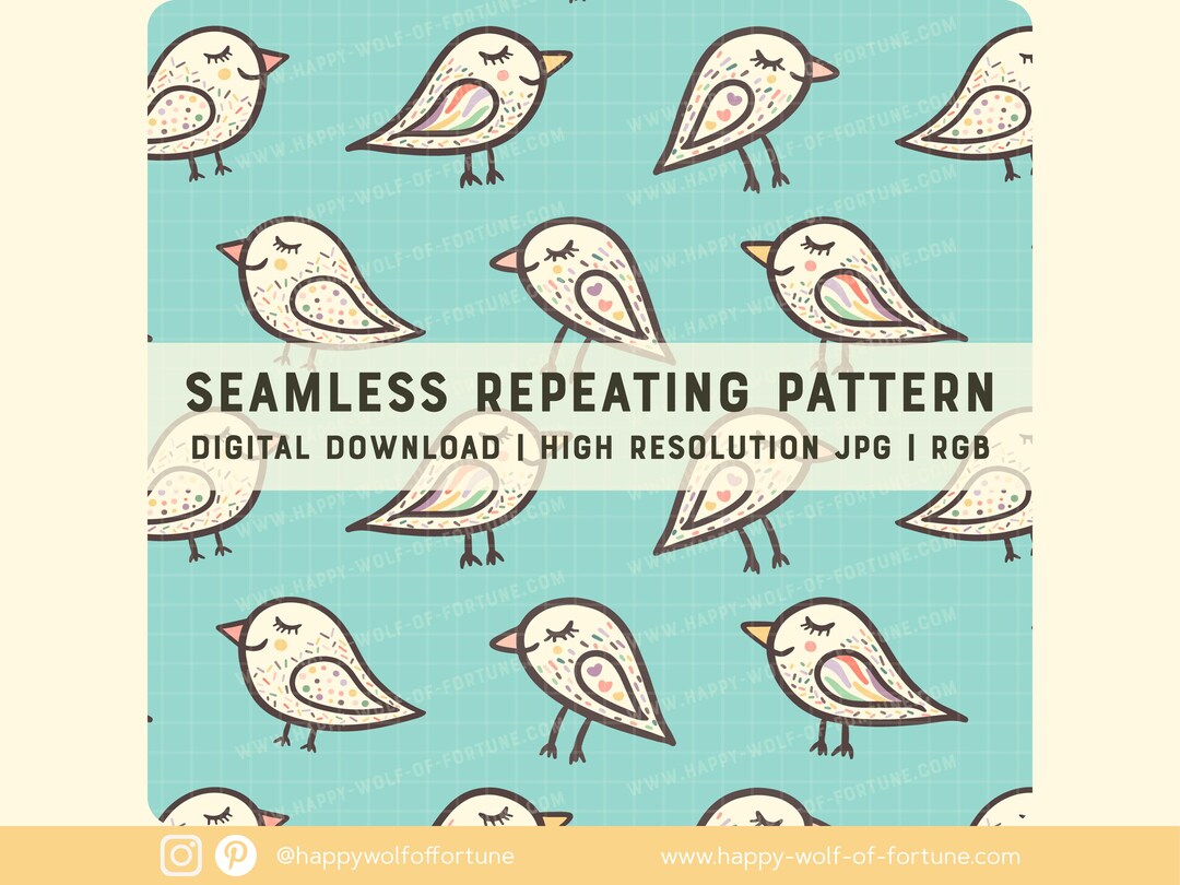 Seamless Repeat Pattern Cute Little Handdrawn Birds With Rainbow Color ...