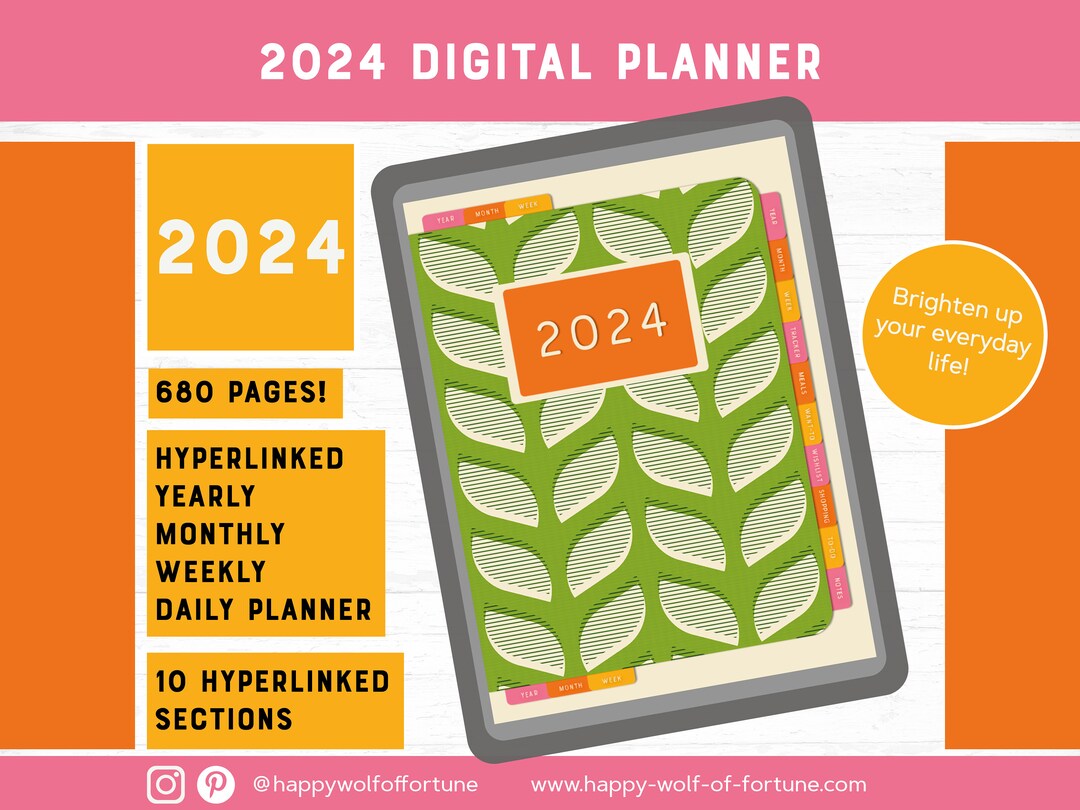 2024 Digital Planner, Digital Journal Retro Vintage Green Abstract ...