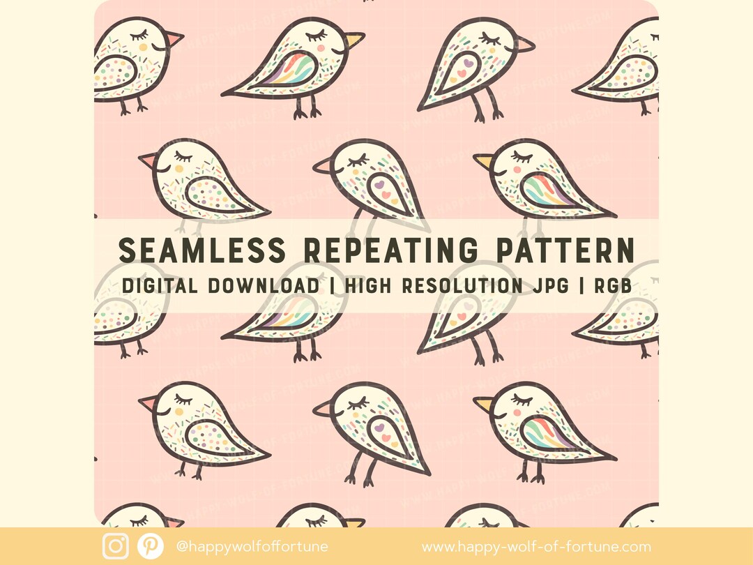 Seamless Repeat Pattern Cute Little Handdrawn Bird With Rainbow ...