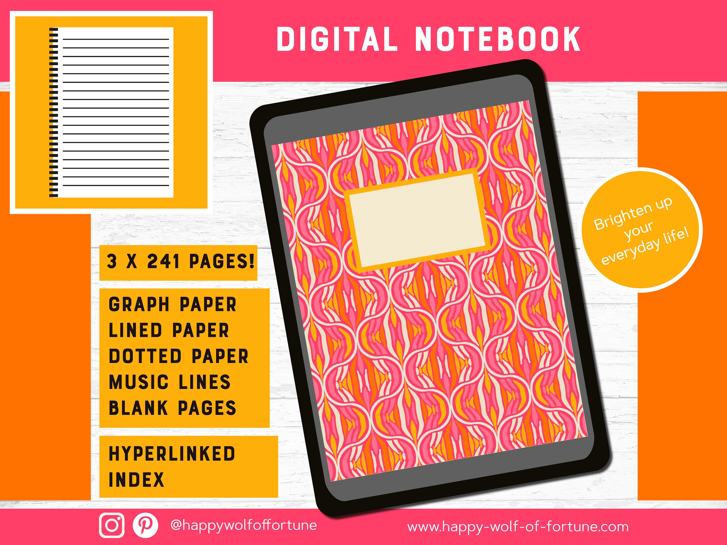 Digital Notebook Goodnotes, Happy Digital Planner Cover Bright Pink ...