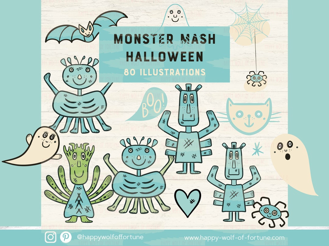 Monster Mash Pastel Halloween PNG Clipart Set With Monsters, Cats ...