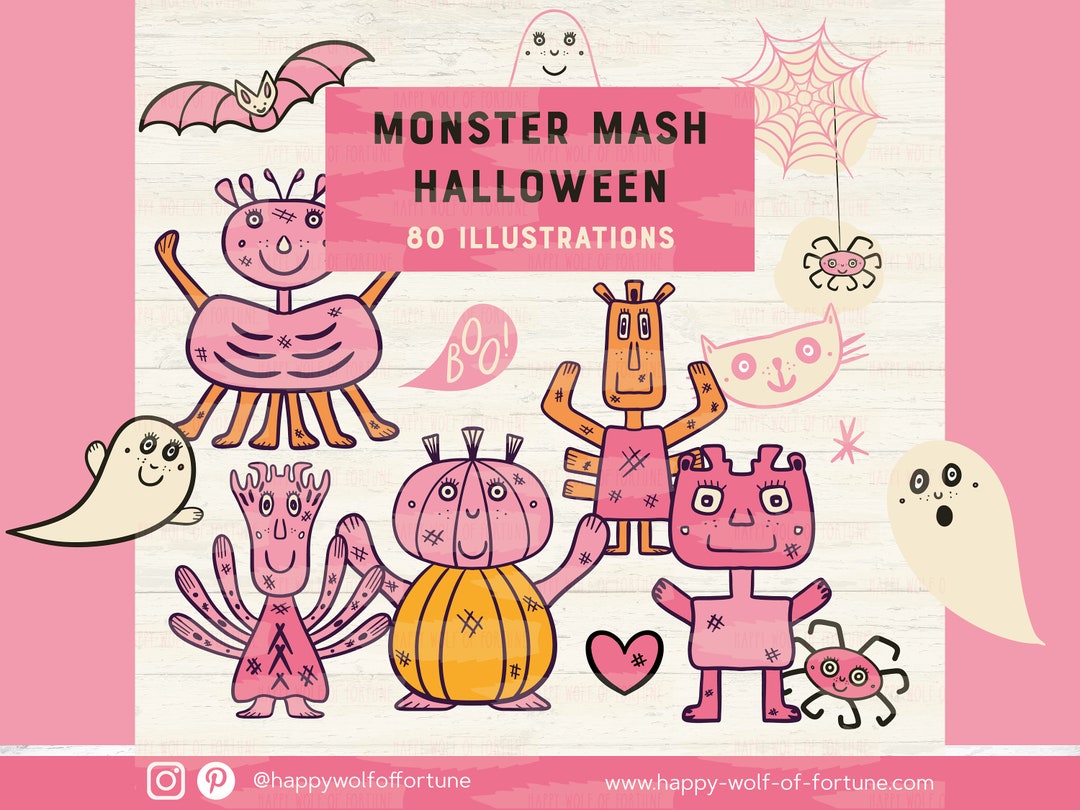 Monster Mash Pastel Halloween PNG Clipart Set With Monsters, Cats ...