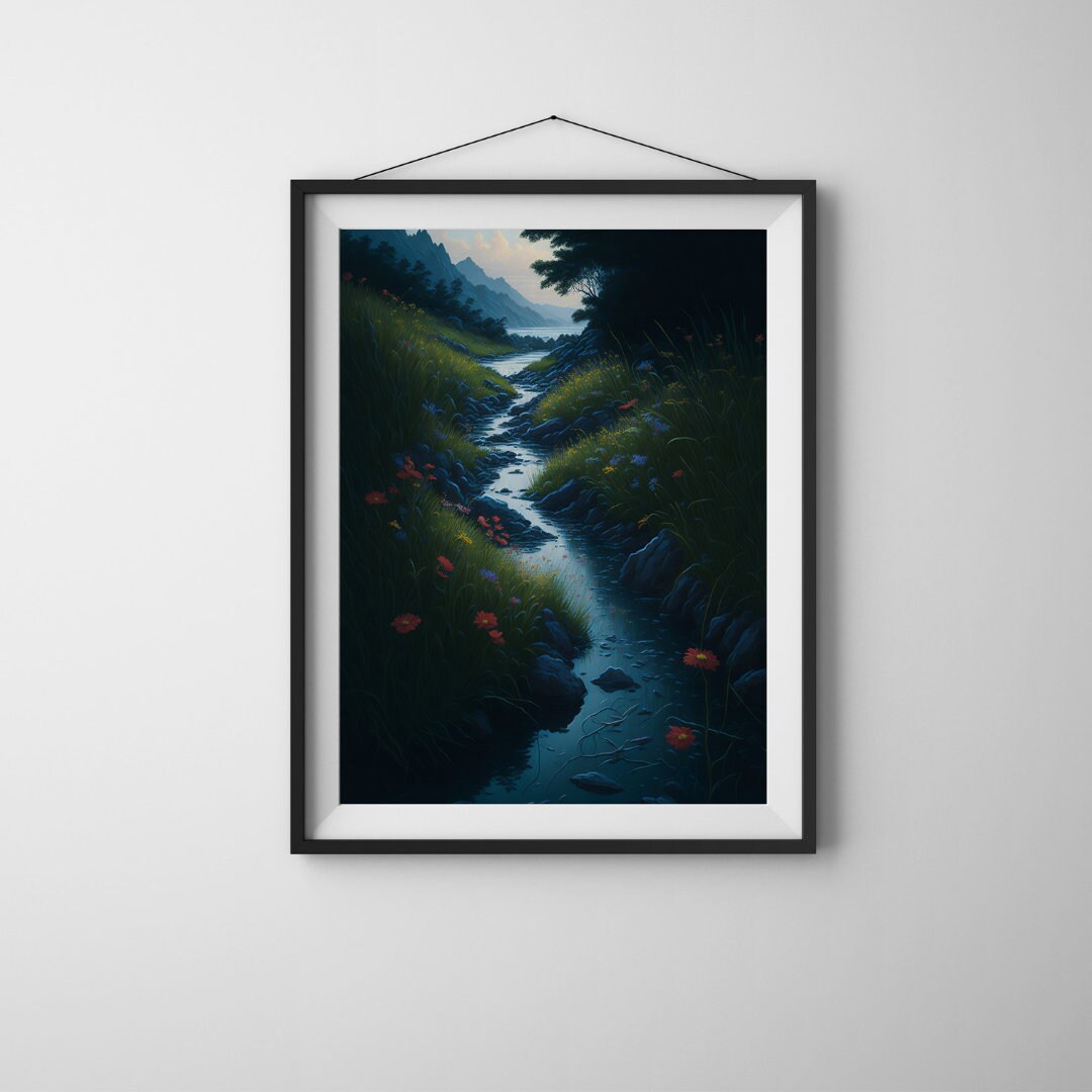 Cozy Watercolor River Scene With Flowering Bushes and Cold - Etsy