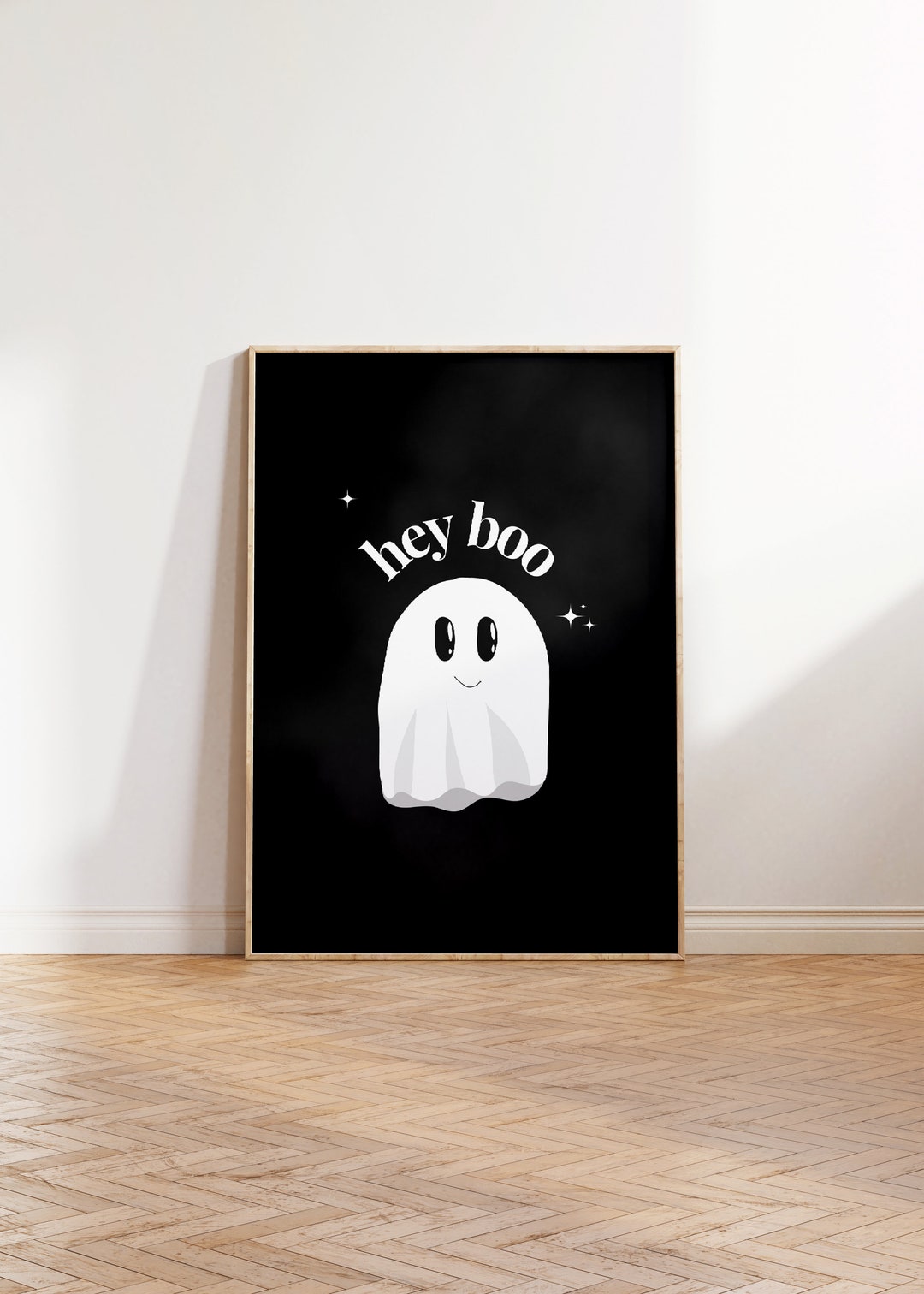 Cute Halloween Ghost Poster, Hey Boo Halloween Printable, Black Ghost ...