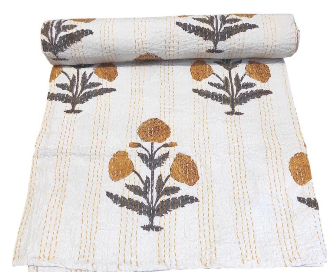 Indian Kantha Floral Print Quilt /queen Size King Handmade Kantha ...