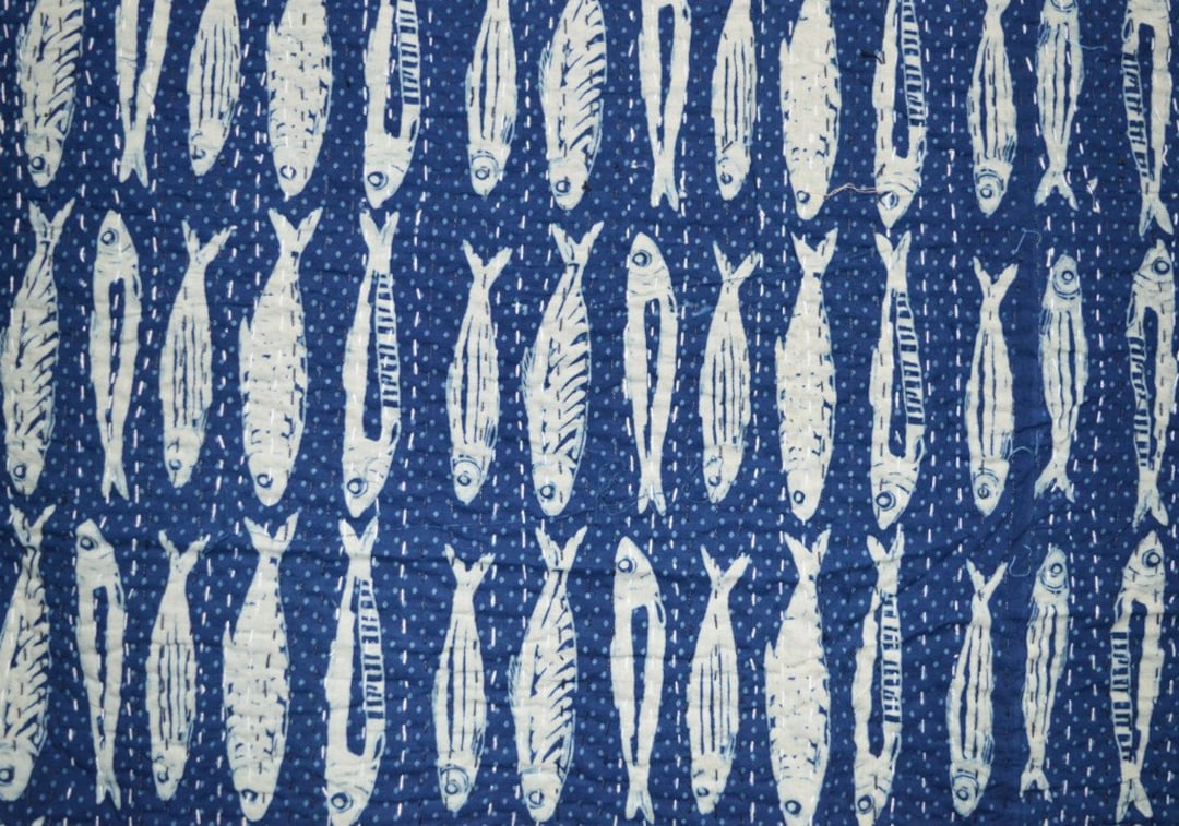 New Hand Block Print Fish Print Kantha Quilt Indian Kantha Quilt Kantha ...