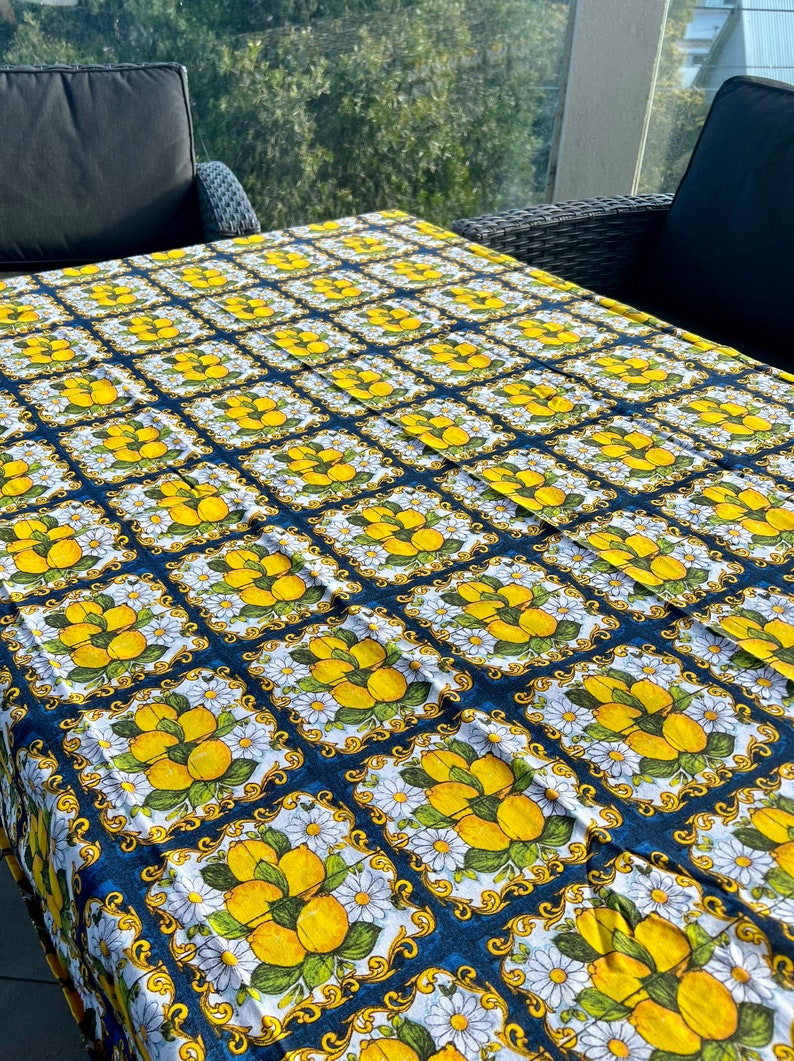 Sicilian Lemon Tablecloth | Blue Majolica Tiles | Large Rectangle ...