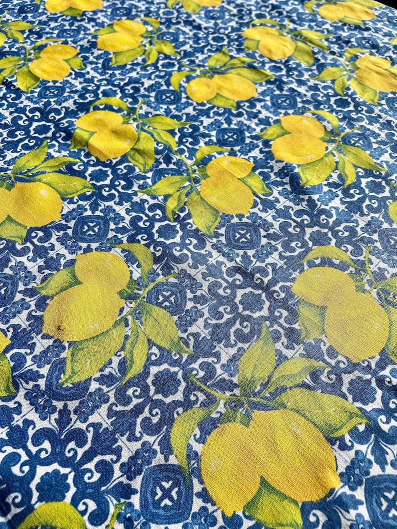 Sicilian Lemon Tablecloth | Blue Majolica Tiles | Large Rectangle ...