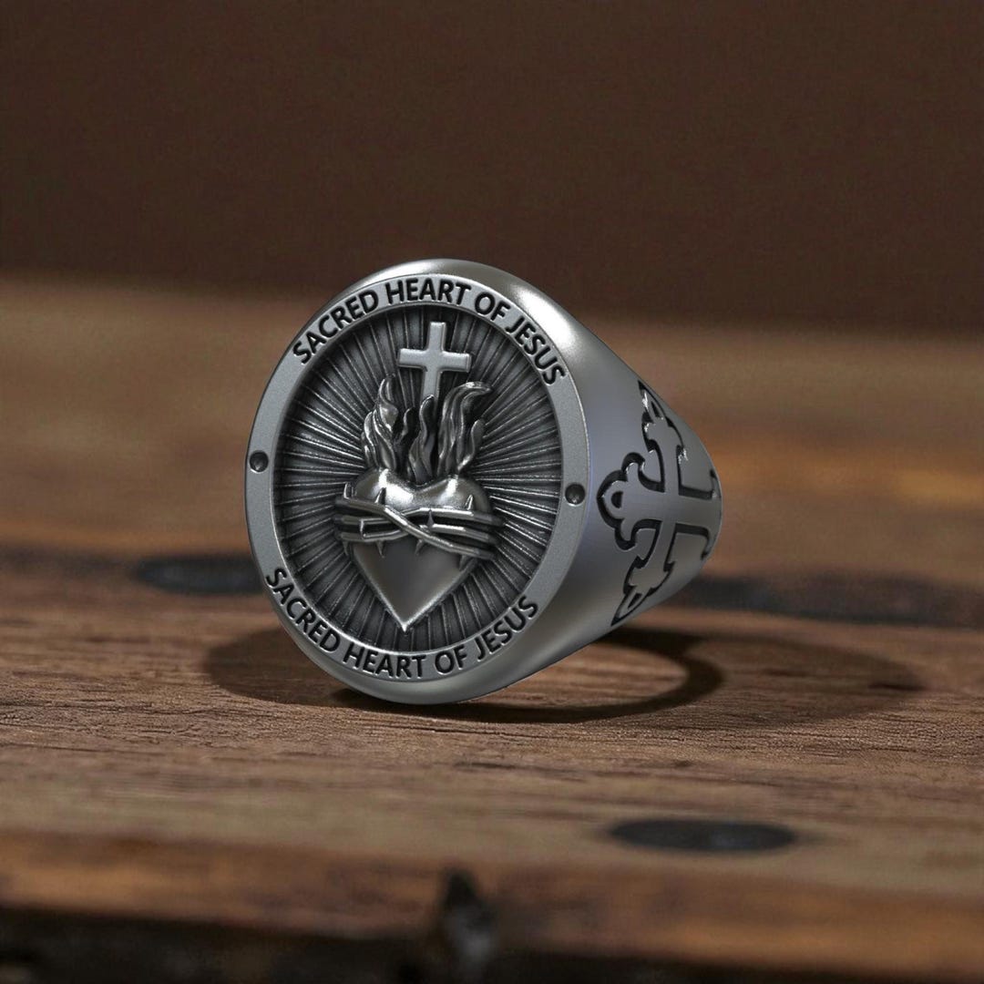 Sacred Heart of Jesus Ring – Oxidized Sterling Silver Christian Signet ...