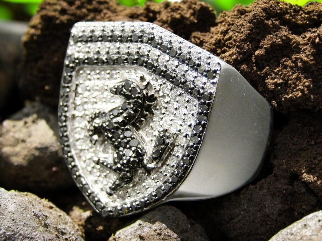 Ferrari-inspired Men's Ring 18K White Gold Plated 925 Silver Black ...