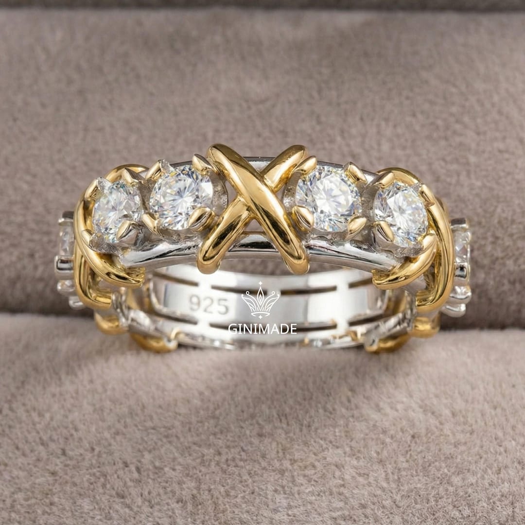 Gold X Prong Eternity Band | Two-tone Ring - Etsy