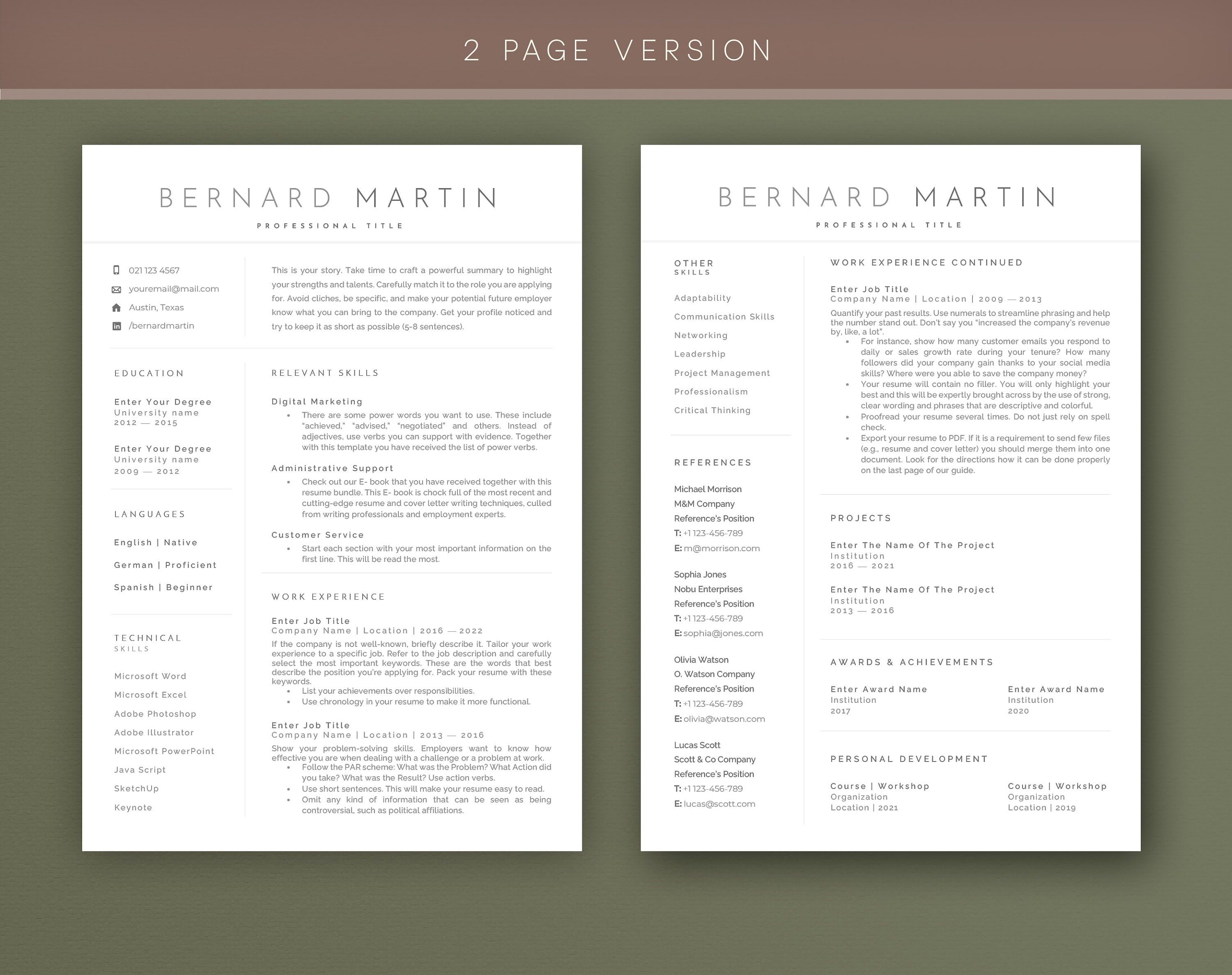 Combination Resume Template, Hybrid Resume for Word, One & Two Pages ...