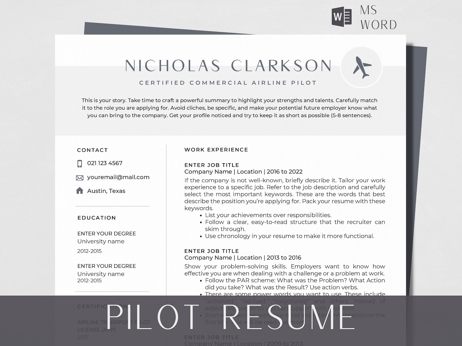 Airline Pilot Resume Template for Word, Modern Pilot Resume Template ...