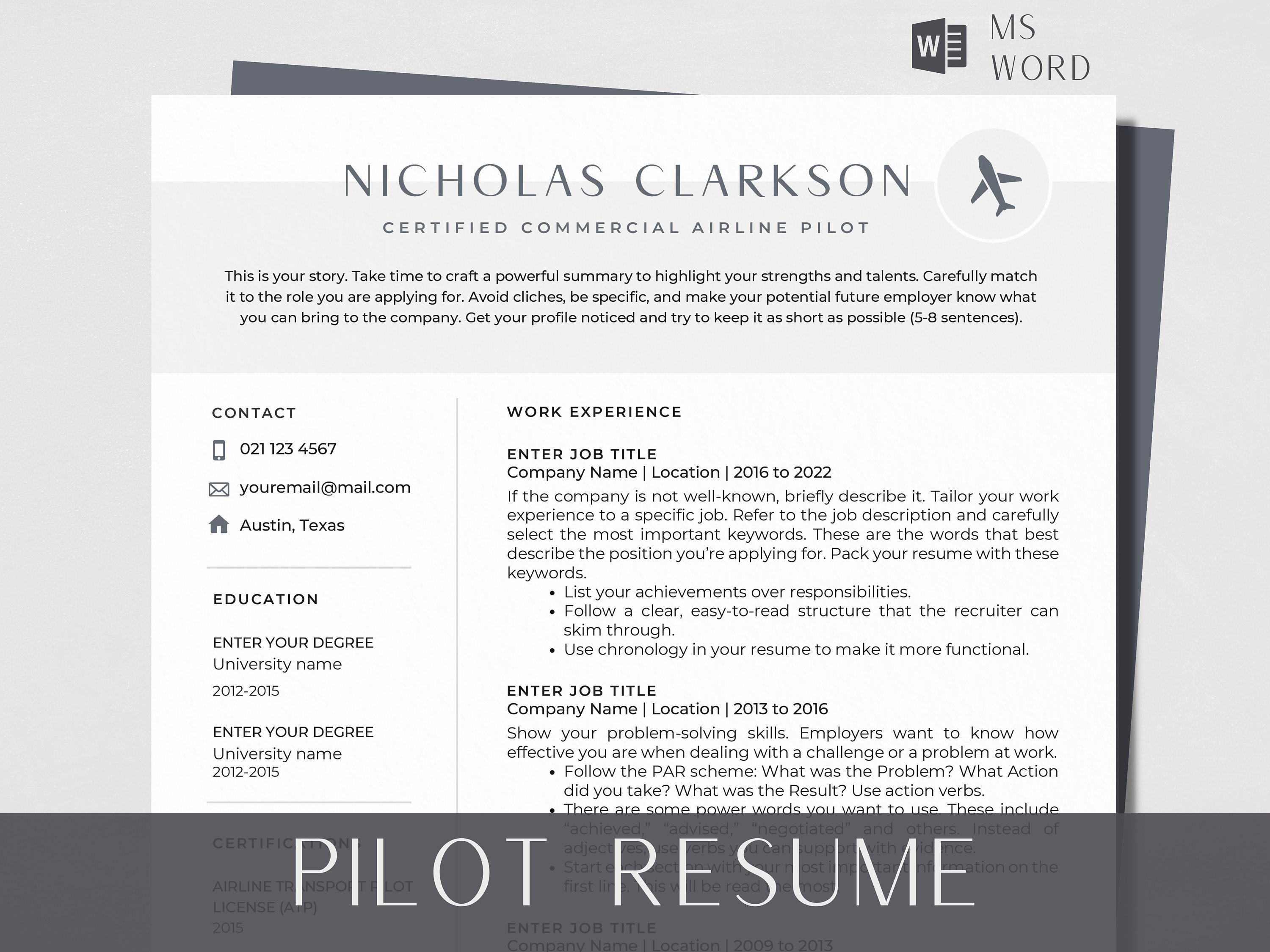 Airline Pilot Resume Template for Word, Modern Pilot Resume Template ...