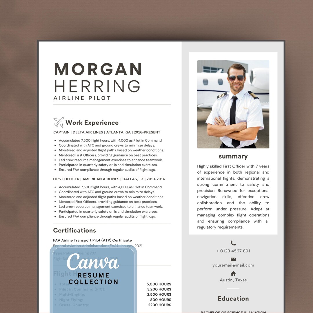 Pilot Resume Template Canva, Aviation Resume, Aircraft CV Cover Letter ...