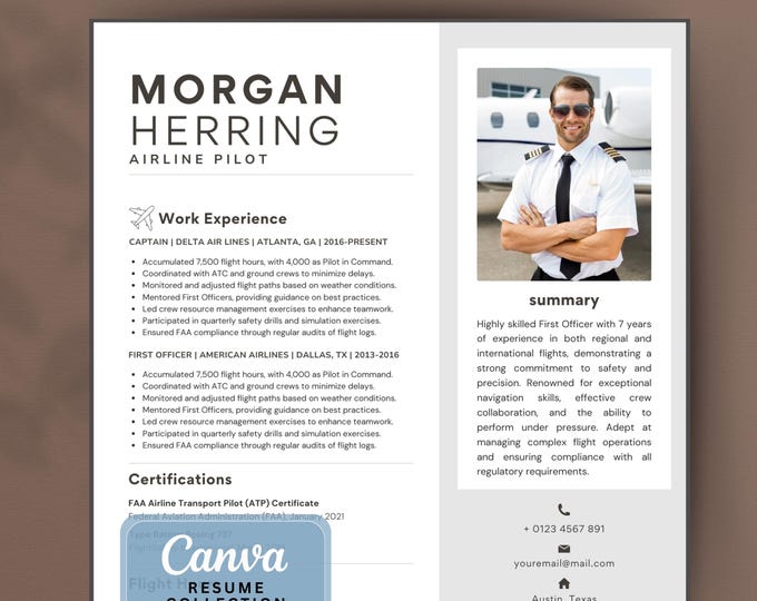 Pilot Resume Template Canva, Aviation Resume, Aircraft CV Cover Letter ...