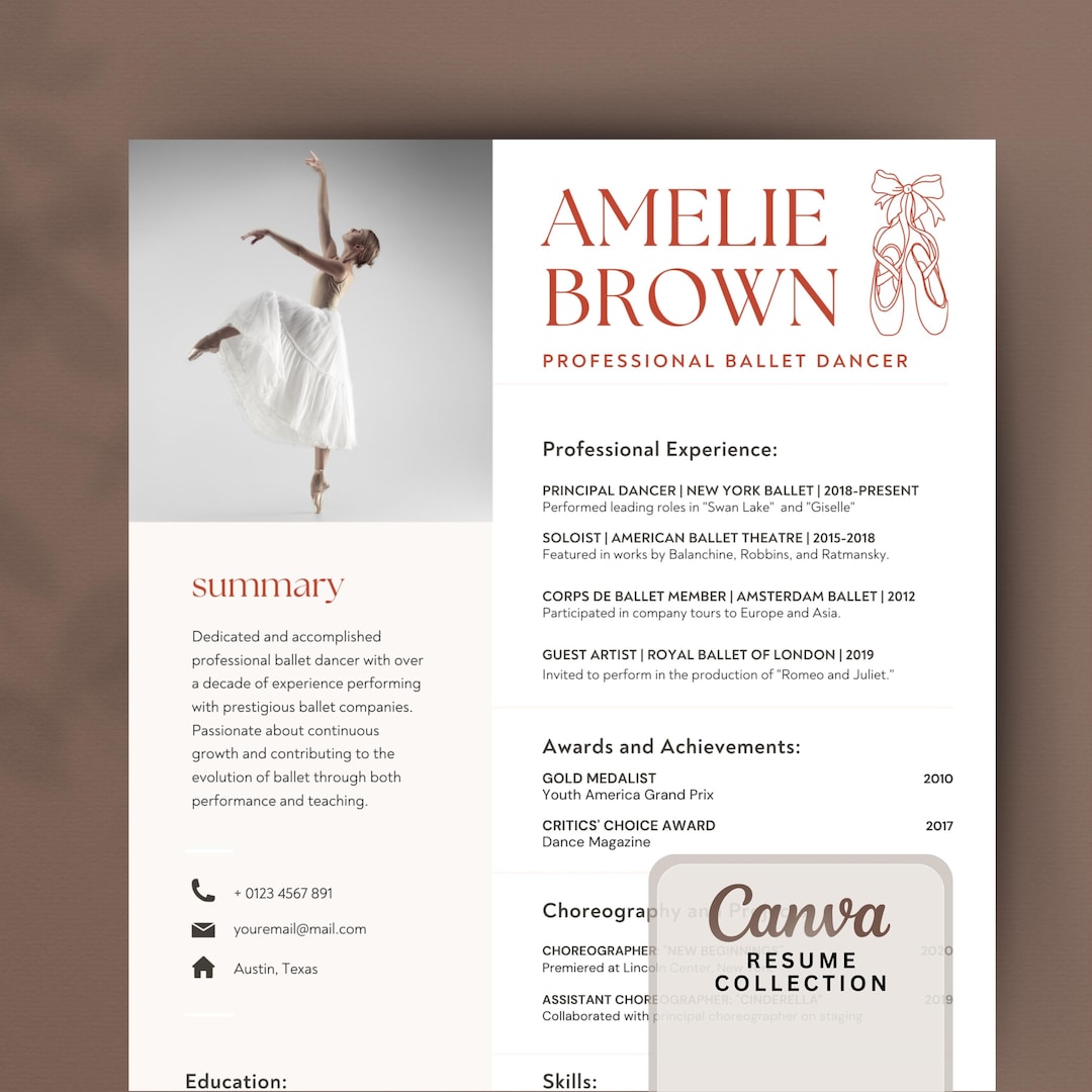 Ballet Resume Cover Letter Headshot Canva Template, Modern Dancer CV ...
