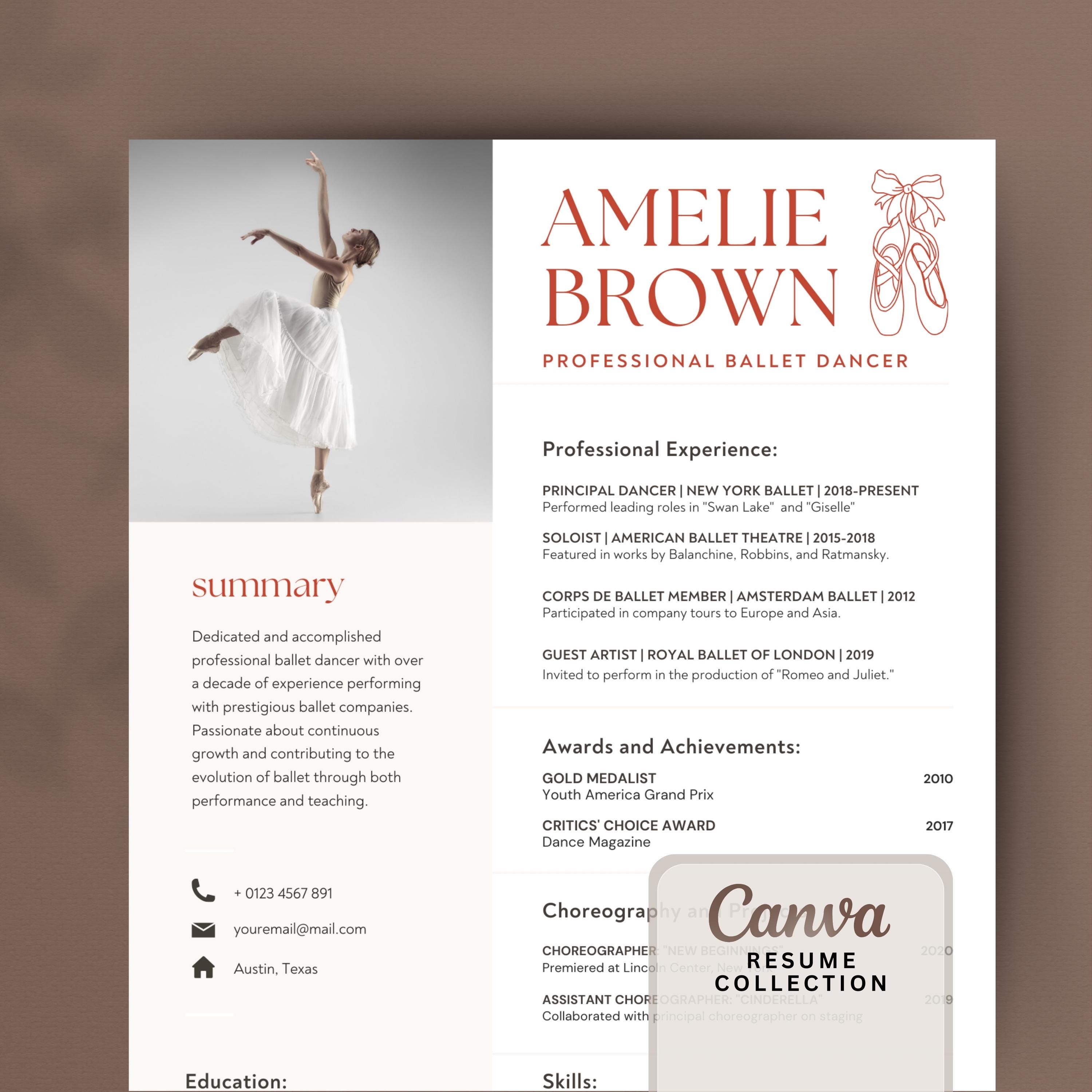 Ballet Resume Cover Letter Headshot Canva Template, Modern Dancer CV ...