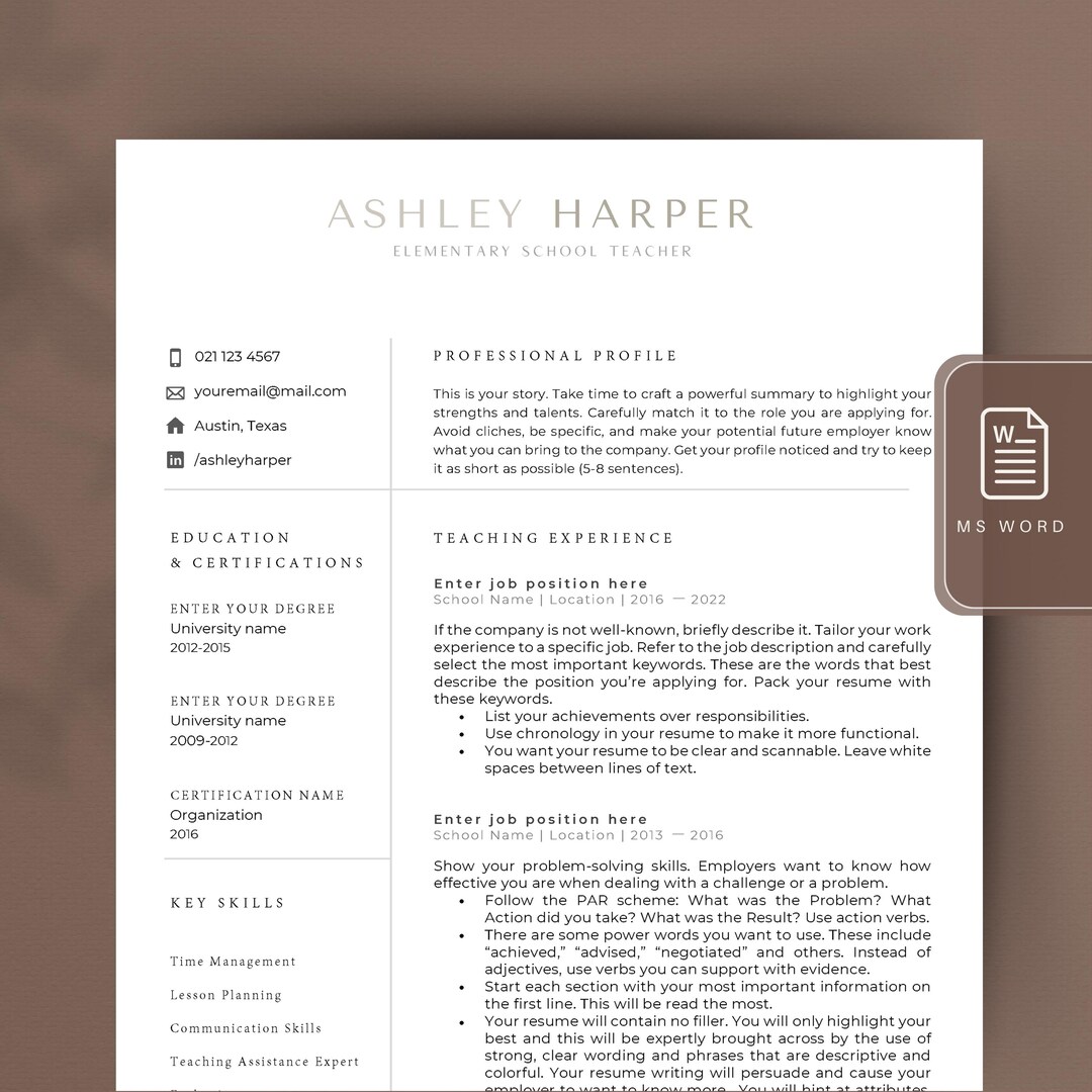 Teacher Resume Template Word, Elementary Teacher Resume With Cover ...