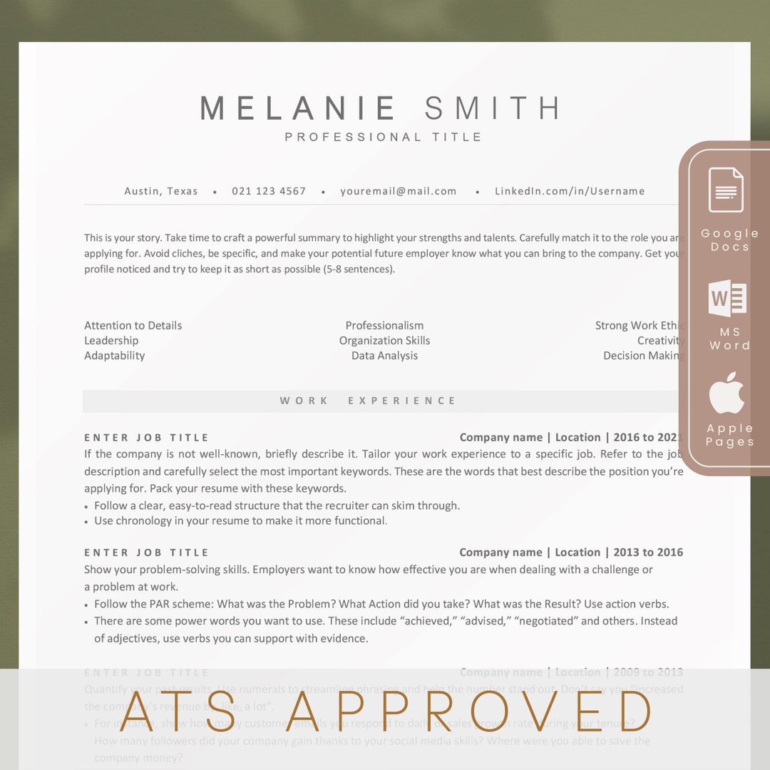 ATS Resume Template for Word, Pages, Google Docs, Cover Letter and ...
