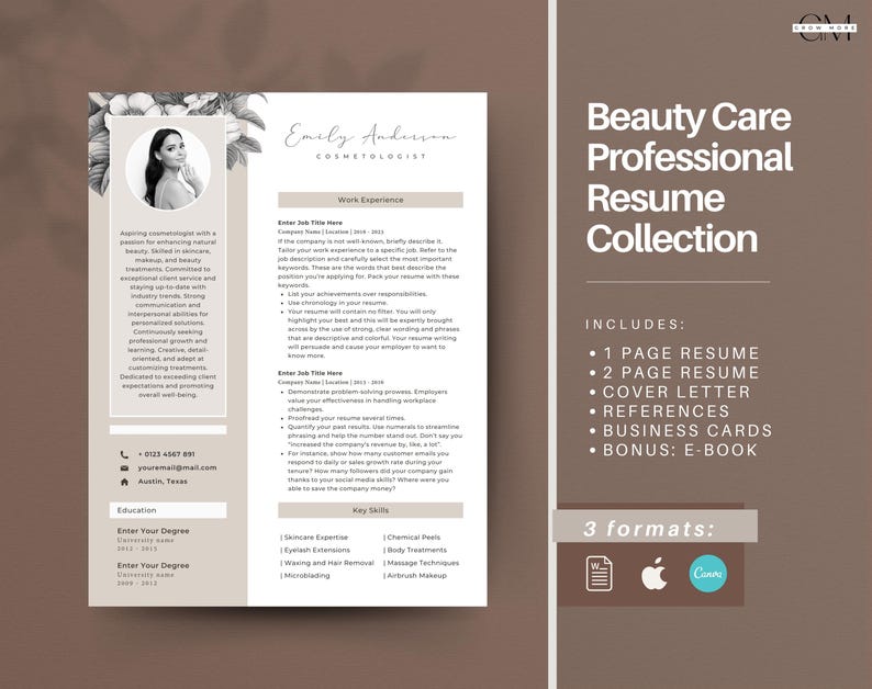 Esthetician Resume Template, Floral Cosmetology CV, Cover Letter (MS Word, Canva, Pages) - Etsy