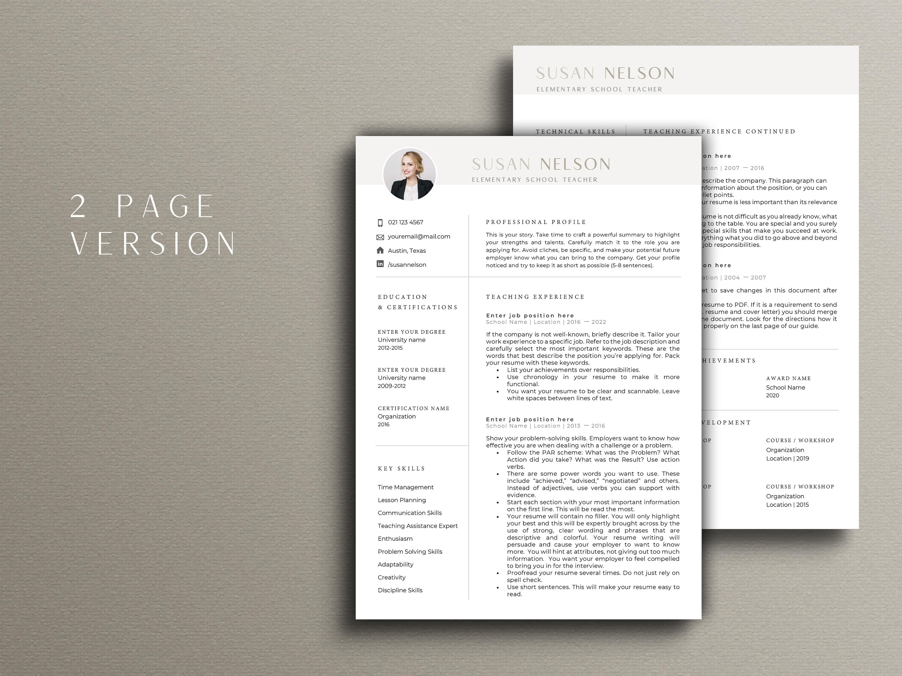 Teacher Resume Template With Cover Letter, Educator Resume One & Two ...