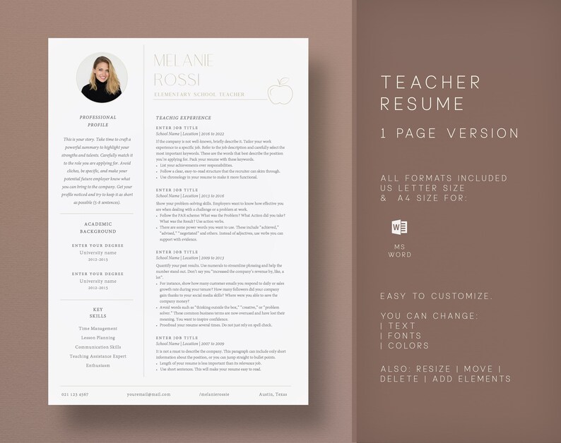 Modern Teacher Resume One & Two Pages With Cover Letter and - Etsy