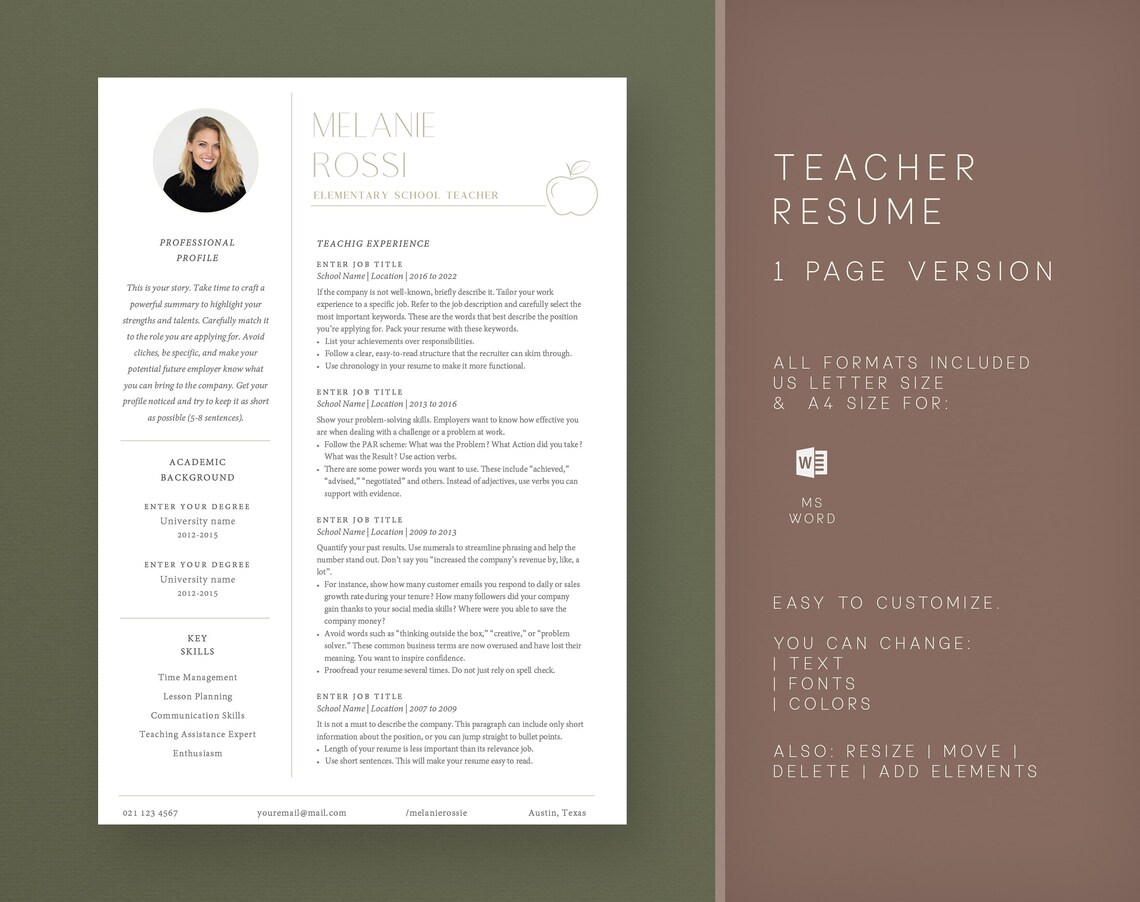 Modern Teacher Resume One & Two Pages With Cover Letter and References ...