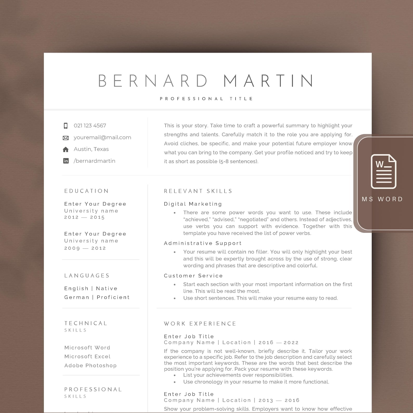 Combination Resume Template, Hybrid Resume for Word, One & Two Pages ...