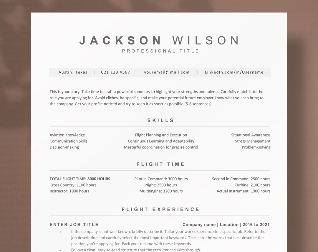 Pilot Resume Template MS Word MAC Pages Google Docs ATS - Etsy