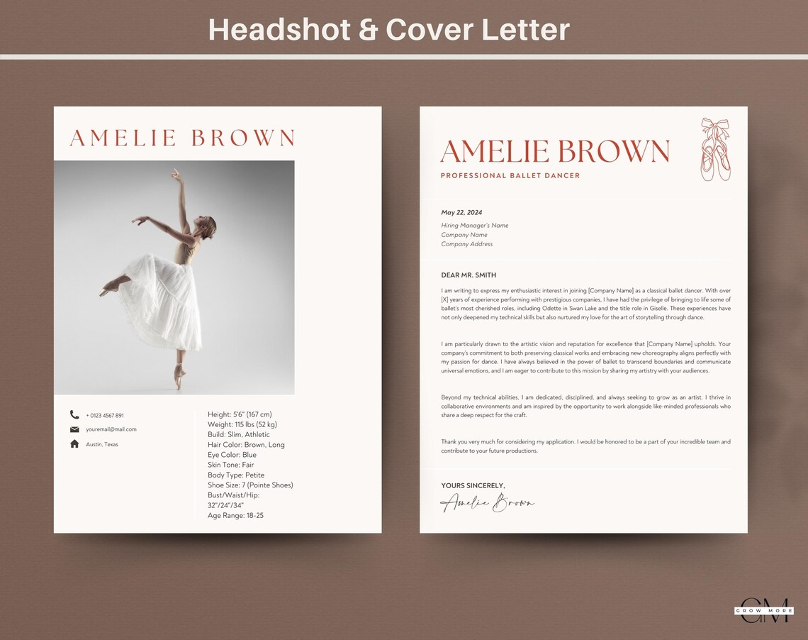 Ballet Resume Cover Letter Headshot Canva Template, Modern Dancer CV ...