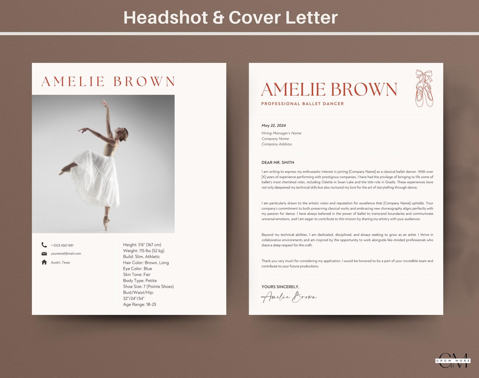 Ballet Resume Cover Letter Headshot Canva Template, Modern Dancer CV ...