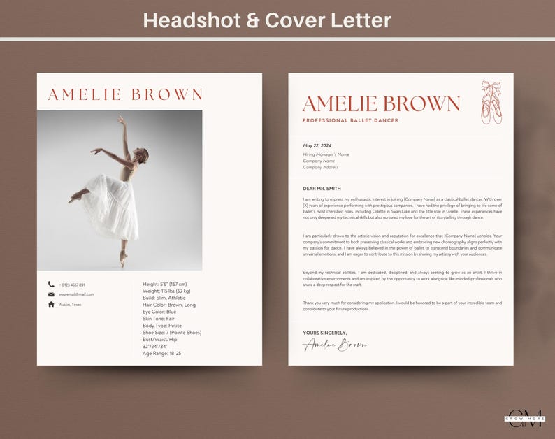 Ballet Resume Cover Letter Headshot Canva Template, Modern Dancer CV ...