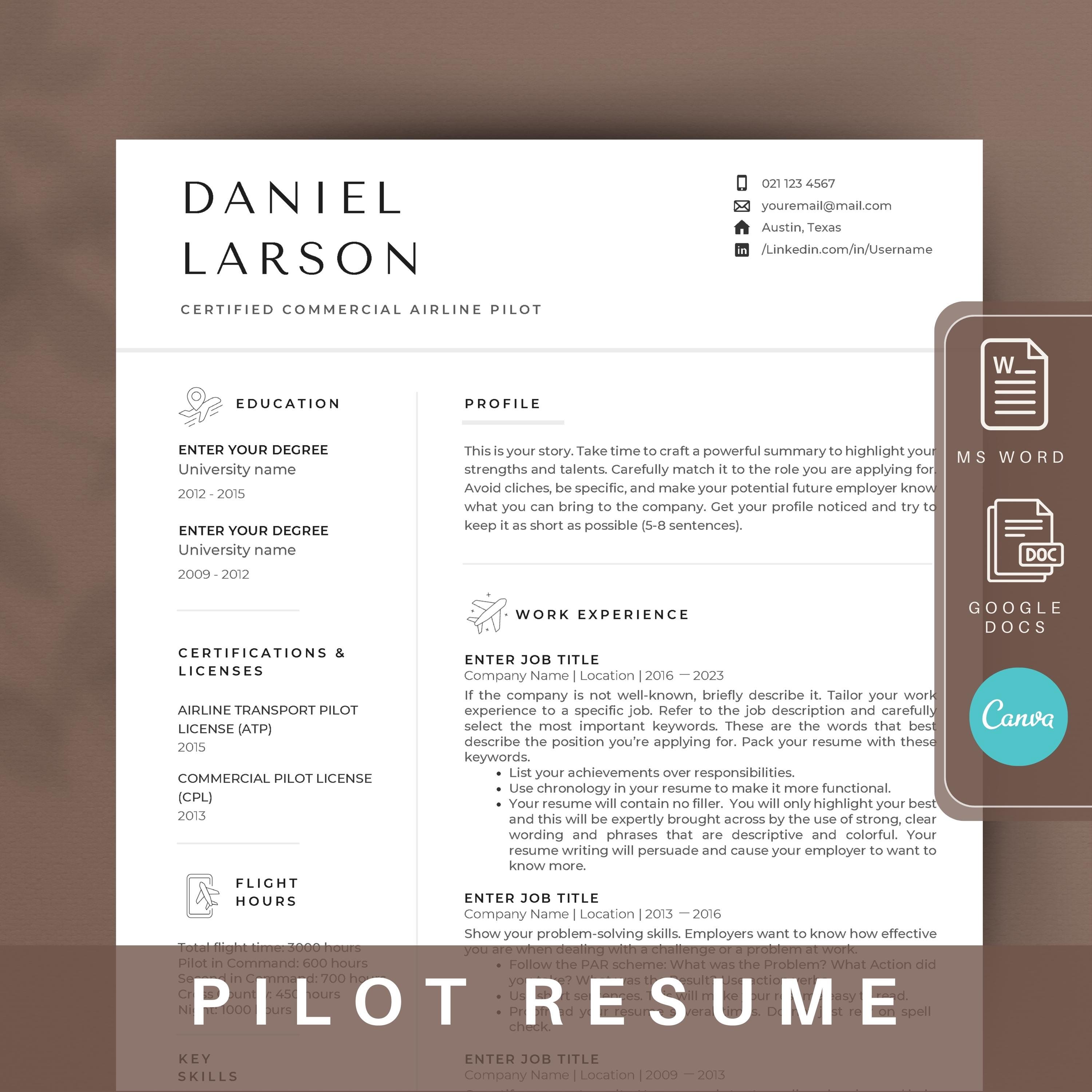 Professional Pilot Resume Template for MS Word and Google Docs, Airline ...