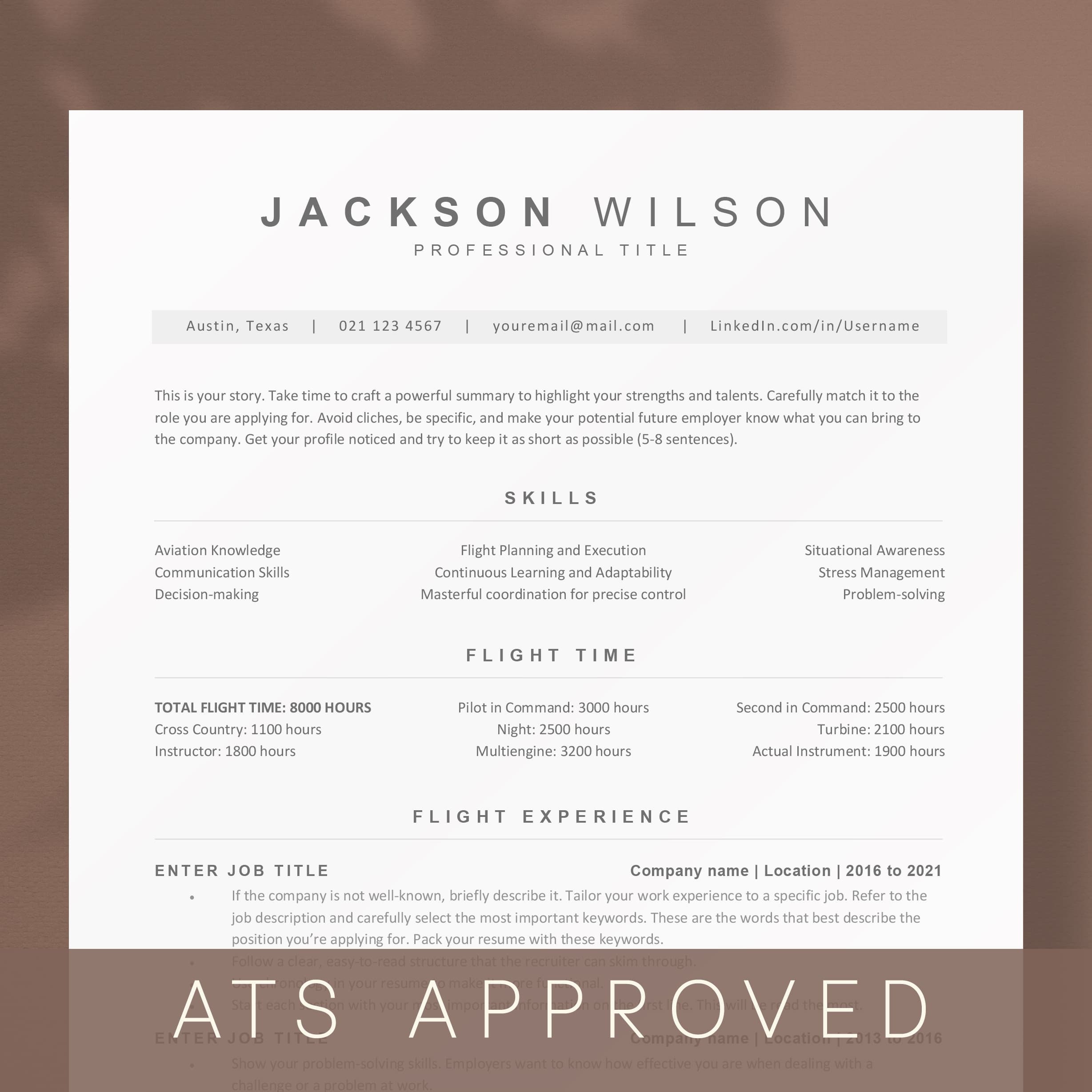 Pilot Resume Template MS Word, MAC Pages, Google Docs, ATS Friendly ...