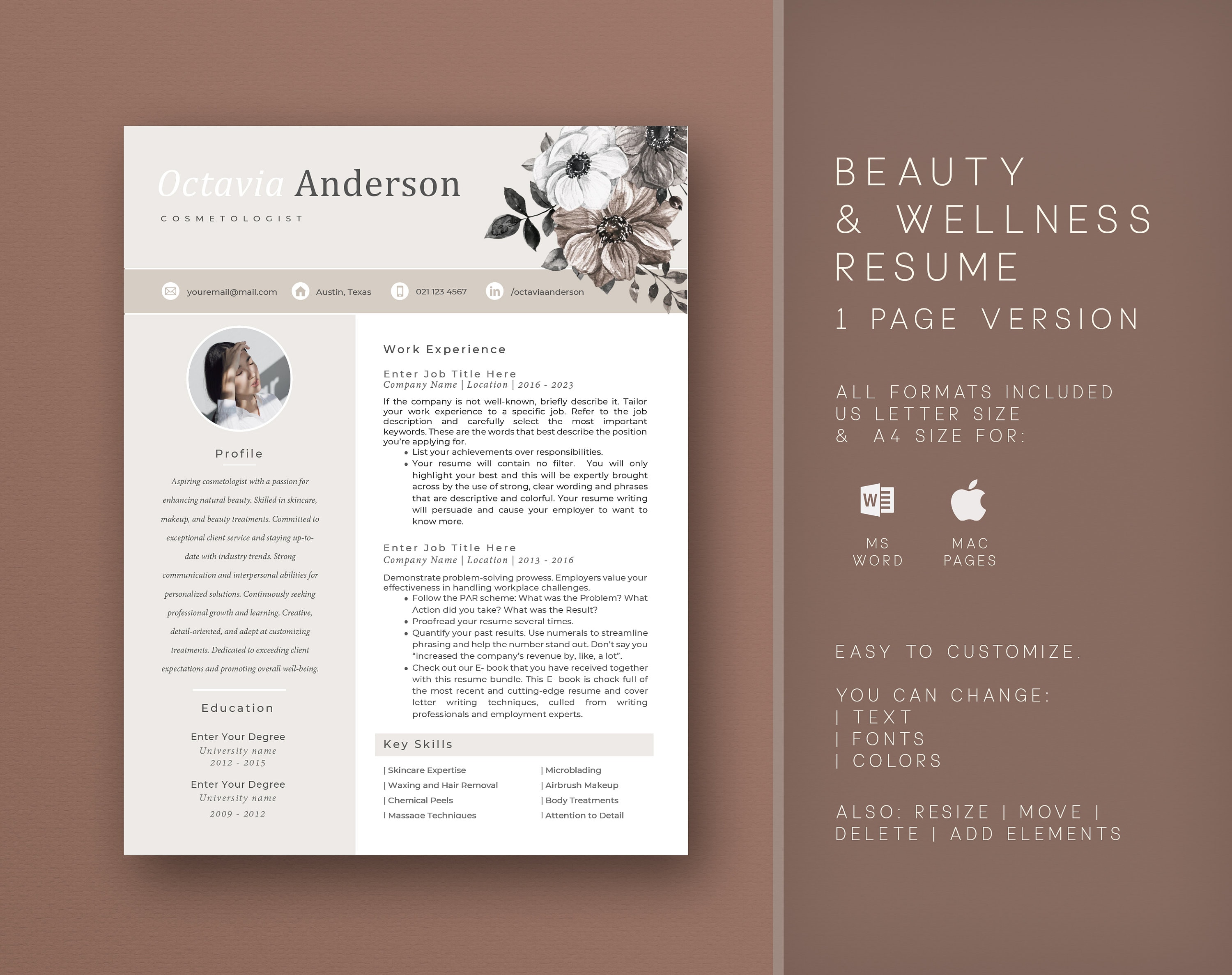 Cosmetology Resume Template, Floral Beauty & Wellness CV, Cover Letter ...