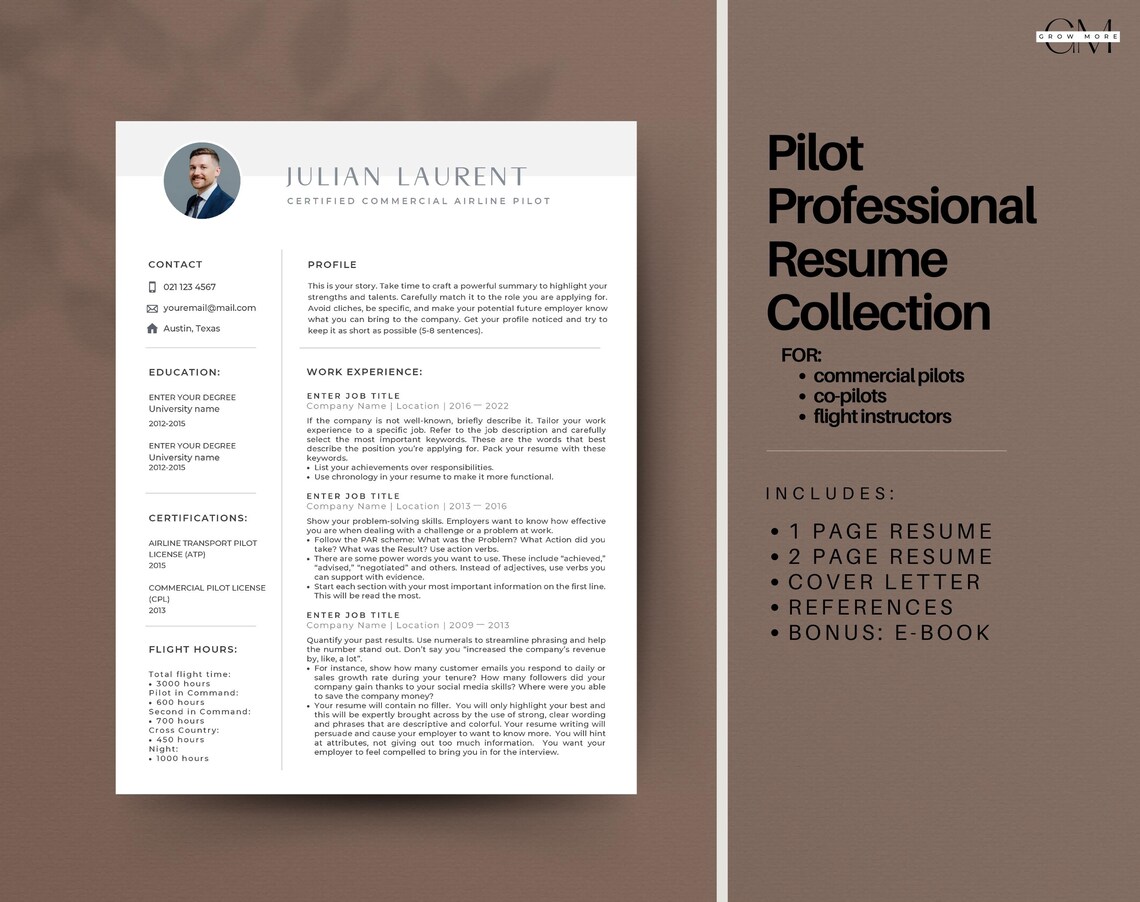 Pilot Resume Template, Aviation Resume With Cover Letter, Airline Pilot ...