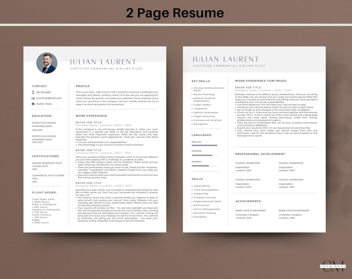 Pilot Resume Template, Aviation Resume With Cover Letter, Airline Pilot ...
