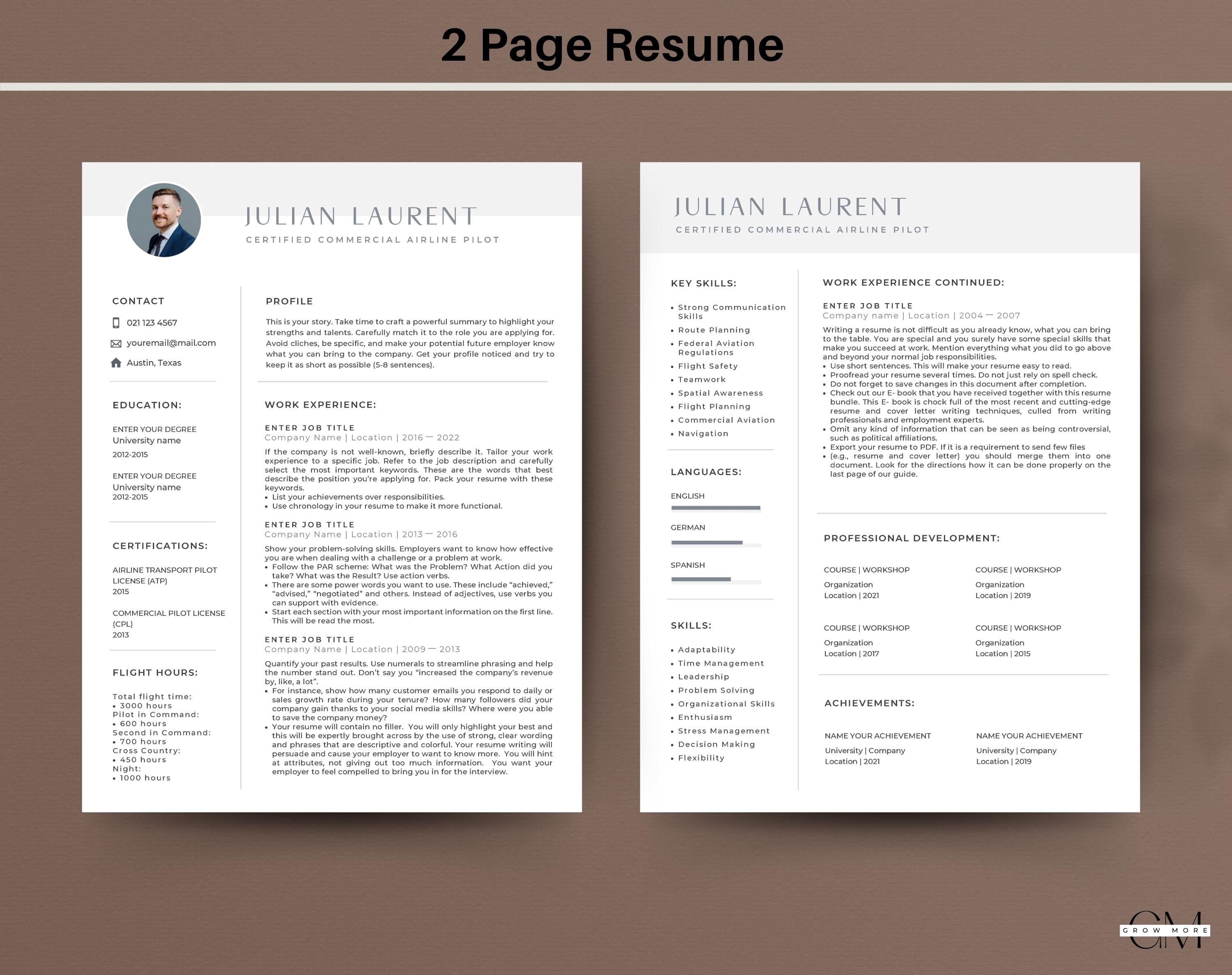 Pilot Resume Template, Aviation Resume With Cover Letter, Airline Pilot ...