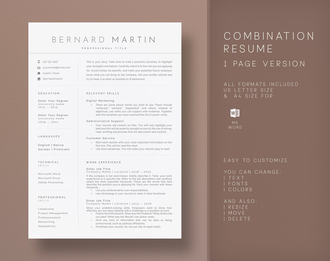 Combination Resume Template Hybrid Resume for Word One & Two - Etsy