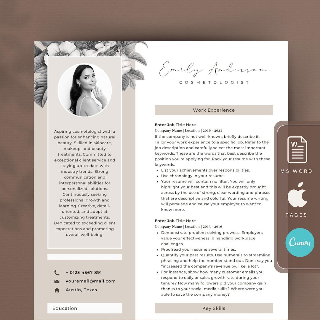 Esthetician Resume Template, Floral Cosmetology CV, Cover Letter (MS ...
