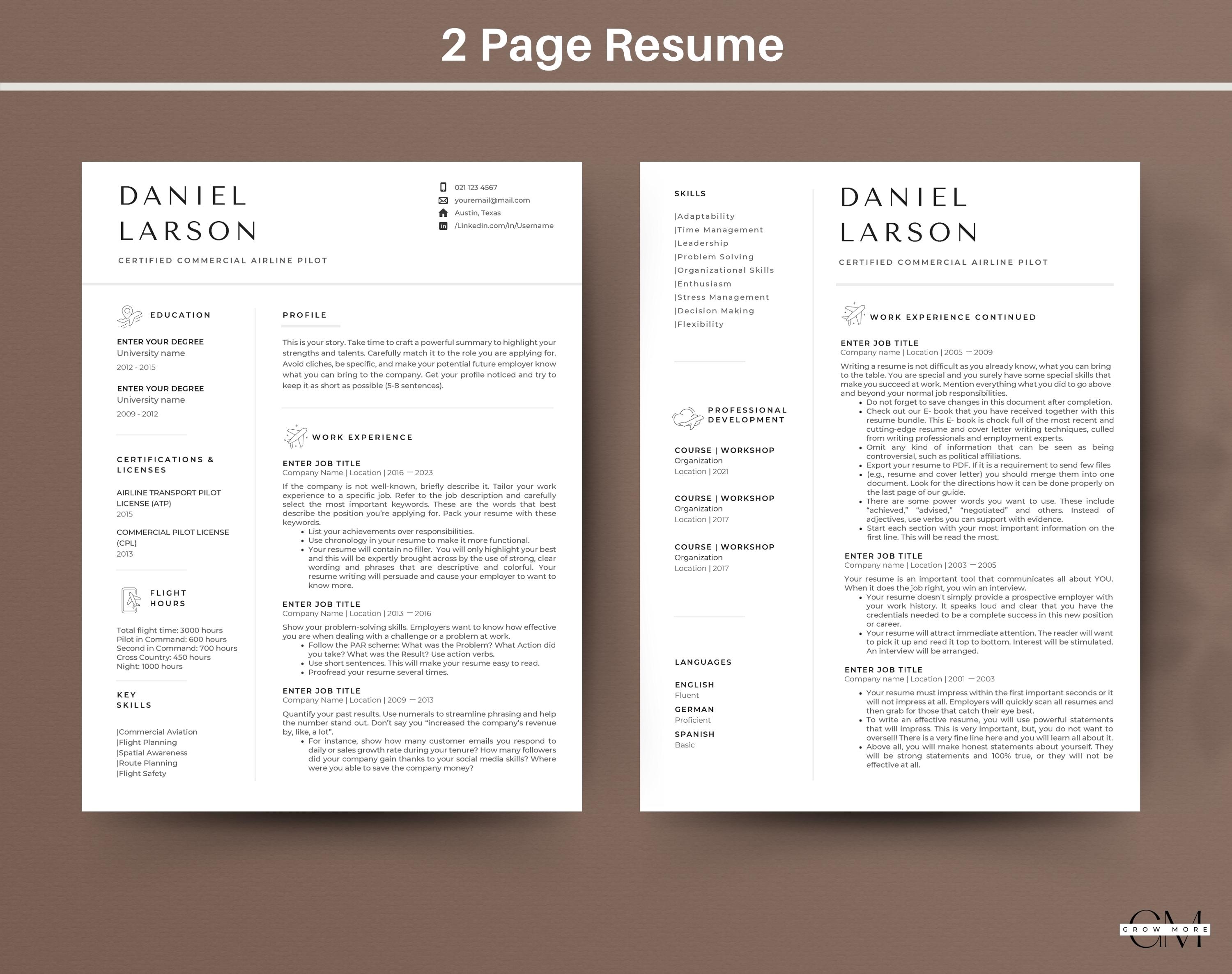 Professional Pilot Resume Template for MS Word and Google Docs, Airline ...