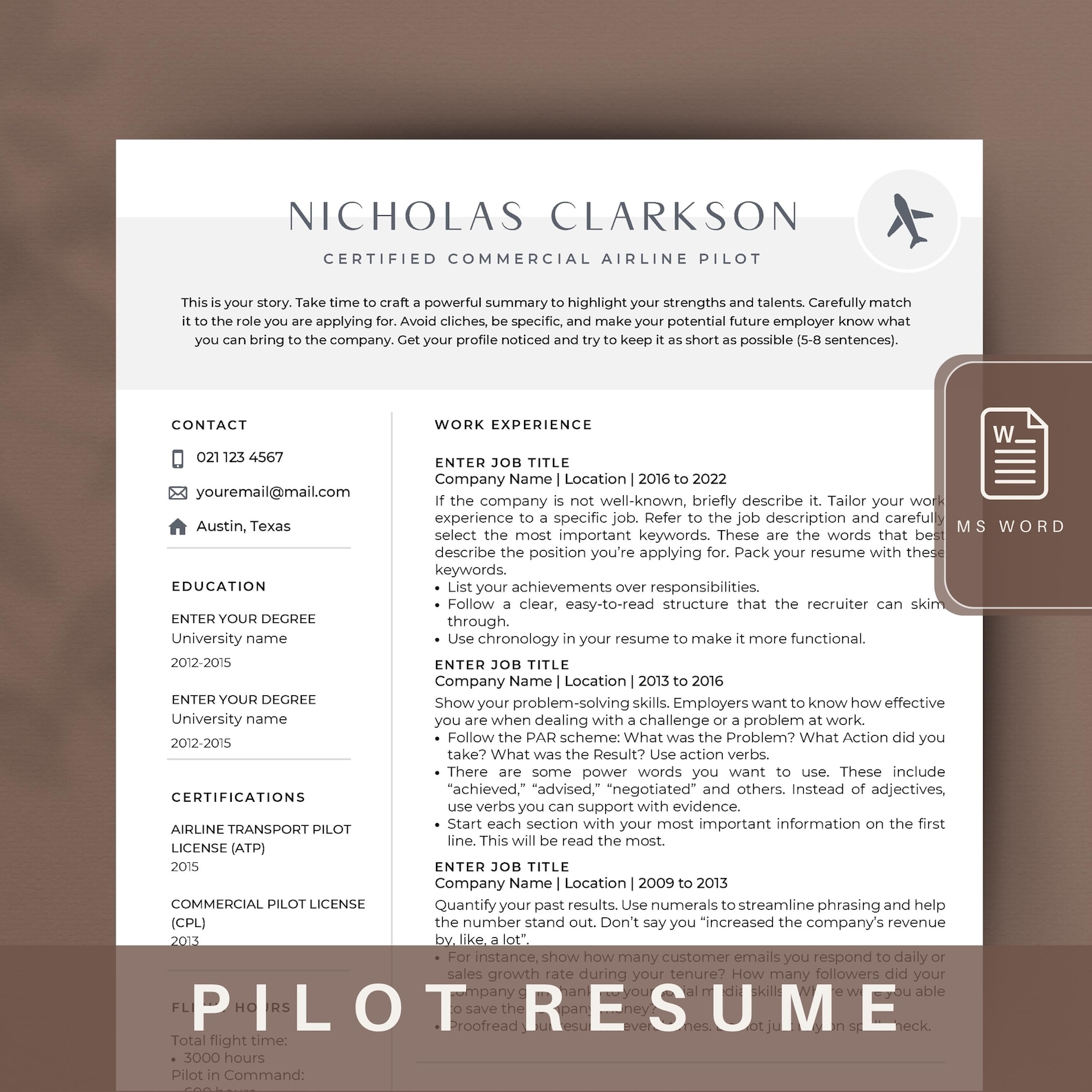 Airline Pilot Resume Template for Word, Modern Pilot Resume Template ...