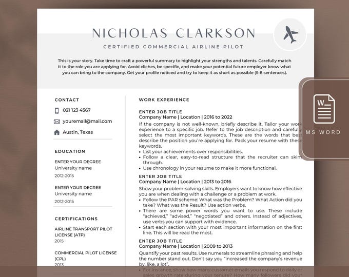 Airline Pilot Resume Template for Word, Modern Pilot Resume Template ...