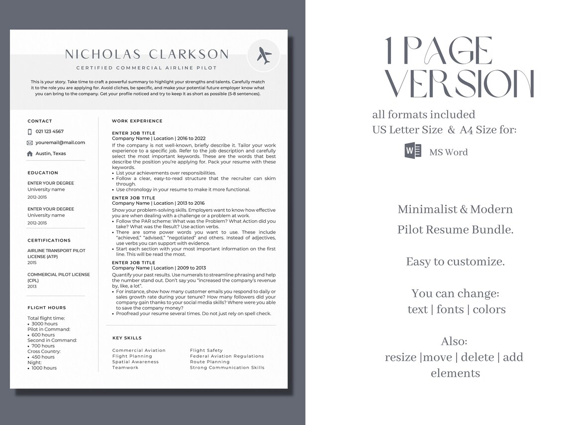 Airline Pilot Resume Template for Word, Modern Pilot Resume Template ...